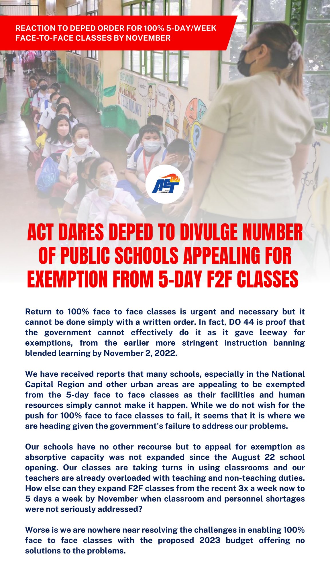 ACT may apela sa DepEd tungkol sa exemption sa 5-araw na F2F classes - The Cavite Rising
