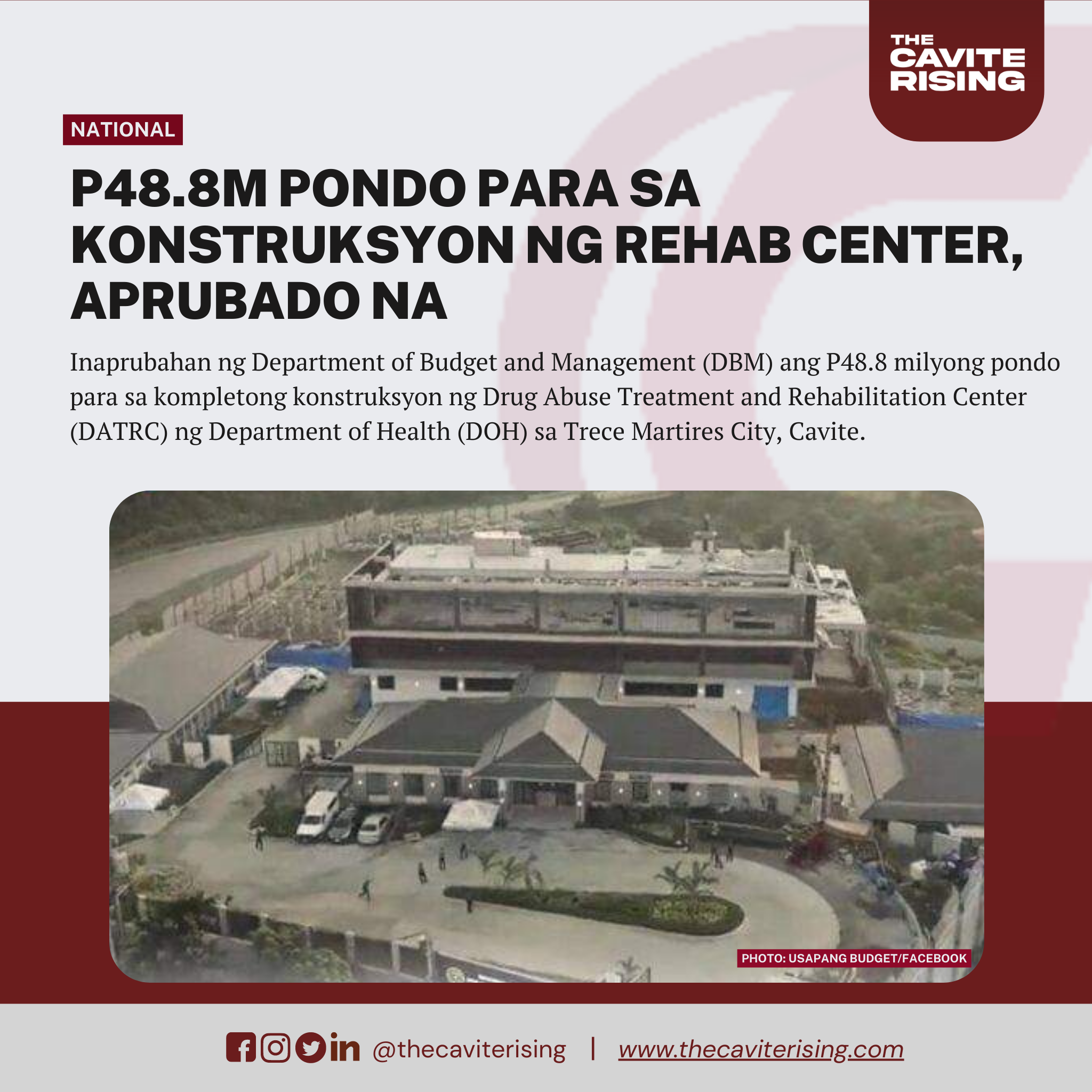 P48.8M pondo para sa konstruksyon ng drug rehab center, aprubado na - The Cavite Rising